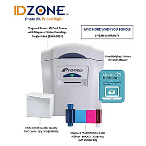 Magicard Pronto ID Card Printer - Single-Sided - 3649-0001 w/Magicard MA300YMCKO Color Ribbon - YMCKO - 300 Prints, Premium White Blank Plastic CR80 30 Mil PVC Cards (500 Pack), & CloudBadging Lite