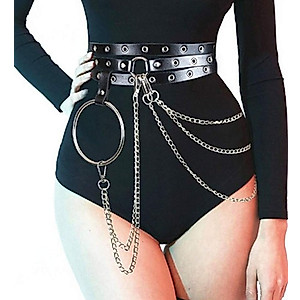 HUI GUO Women's Gothic Body Chain Belt Leather Punk Waist Belt with O-ring Metal Chain Tassel Adjustable Buckles(Black3), One Size