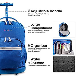 J World New York Sunrise Kids Rolling Backpack for Girls Boys Teen. Roller Bookbag with Wheels, Indigo, 18"