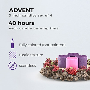 CANDWAX 3x3 Pillar Advent Candles Set of 4 - Rustic Pillar Candles Unscented and No Drip Candles - Ideal as Candles for Advent Wreath or Christmas Decorations - Purple Set of Advent Pillar Candles