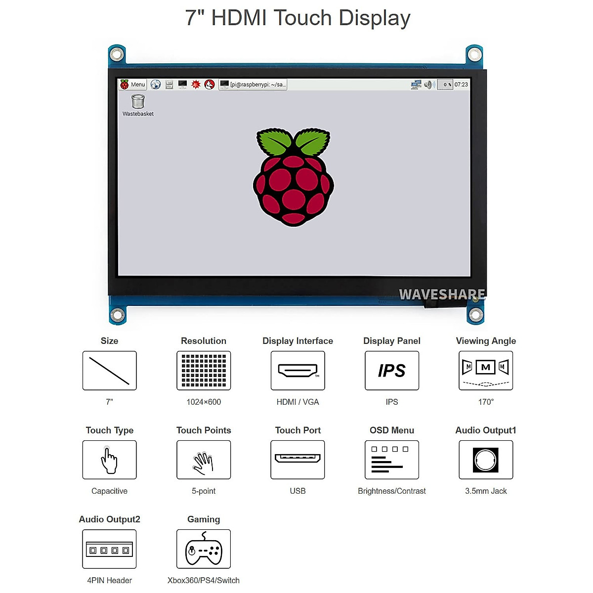 7inch HDMI LCD (H) 1024x600 IPS Capacitive Touch Screen LCD Display Monitor Mini PC for Raspberry Pi 5 4 3 Model B B+ BB Black Banana Pi Game Console Support Xbox360/PS4/Switch @XYGStudy