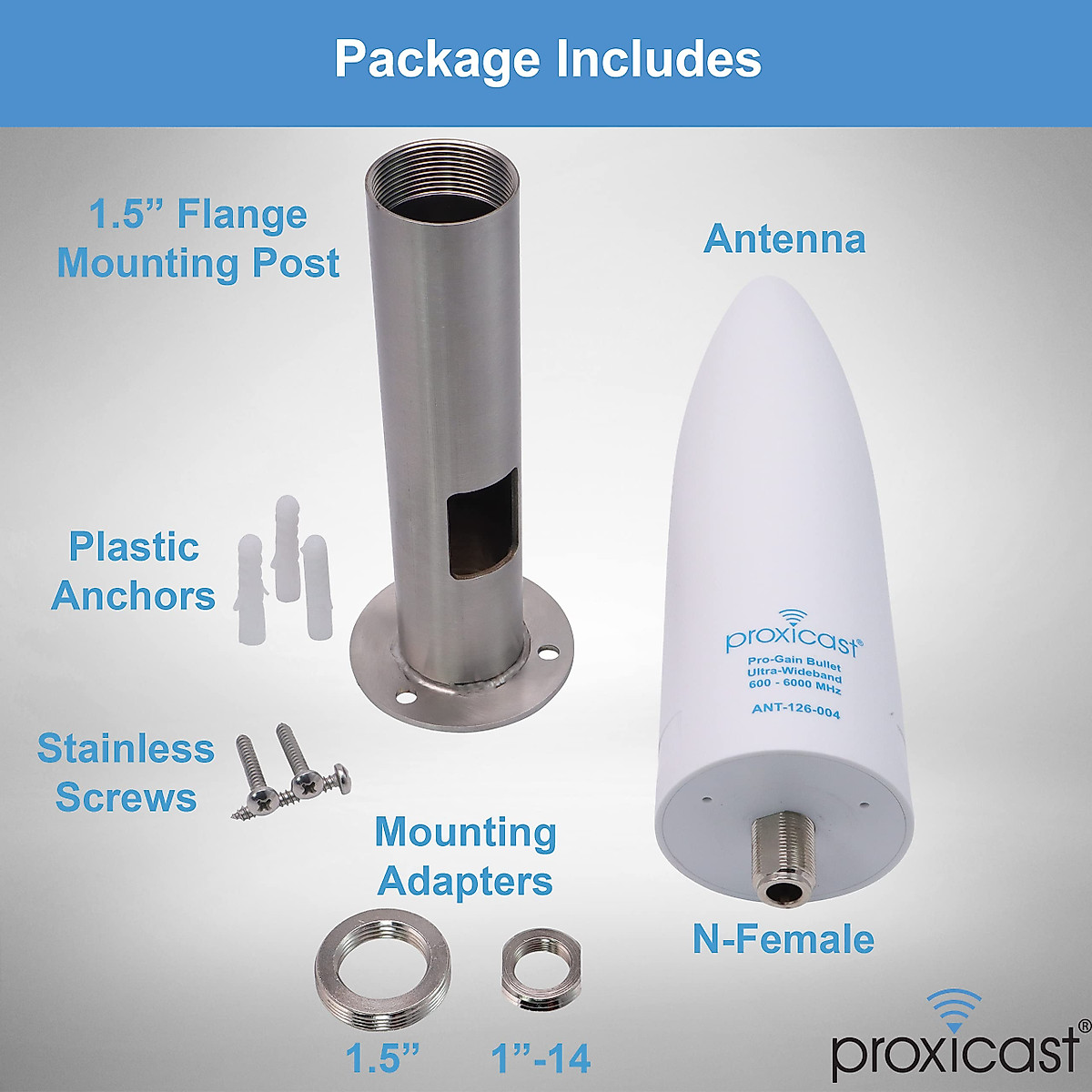 Proxicast 8.5 dBi Pro-Gain 4G / 5G / WIFI Omni-Directional Ultra Wideband Marine Grade Antenna with Stainless Outdoor Deck Mount for Boat, Salt Water or Corrosive Applications - White (ANT-126-004-WM)