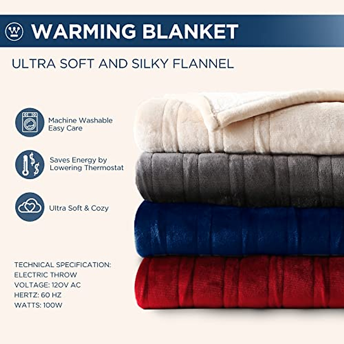 Westinghouse Electric Blanket Throw Heated Blanket with 6 Heating Levels and 2-10 Hours Time Settings, Flannel to Sherpa Super Cozy Heated Blanket Machine Washable, 50x60 inch, Navy