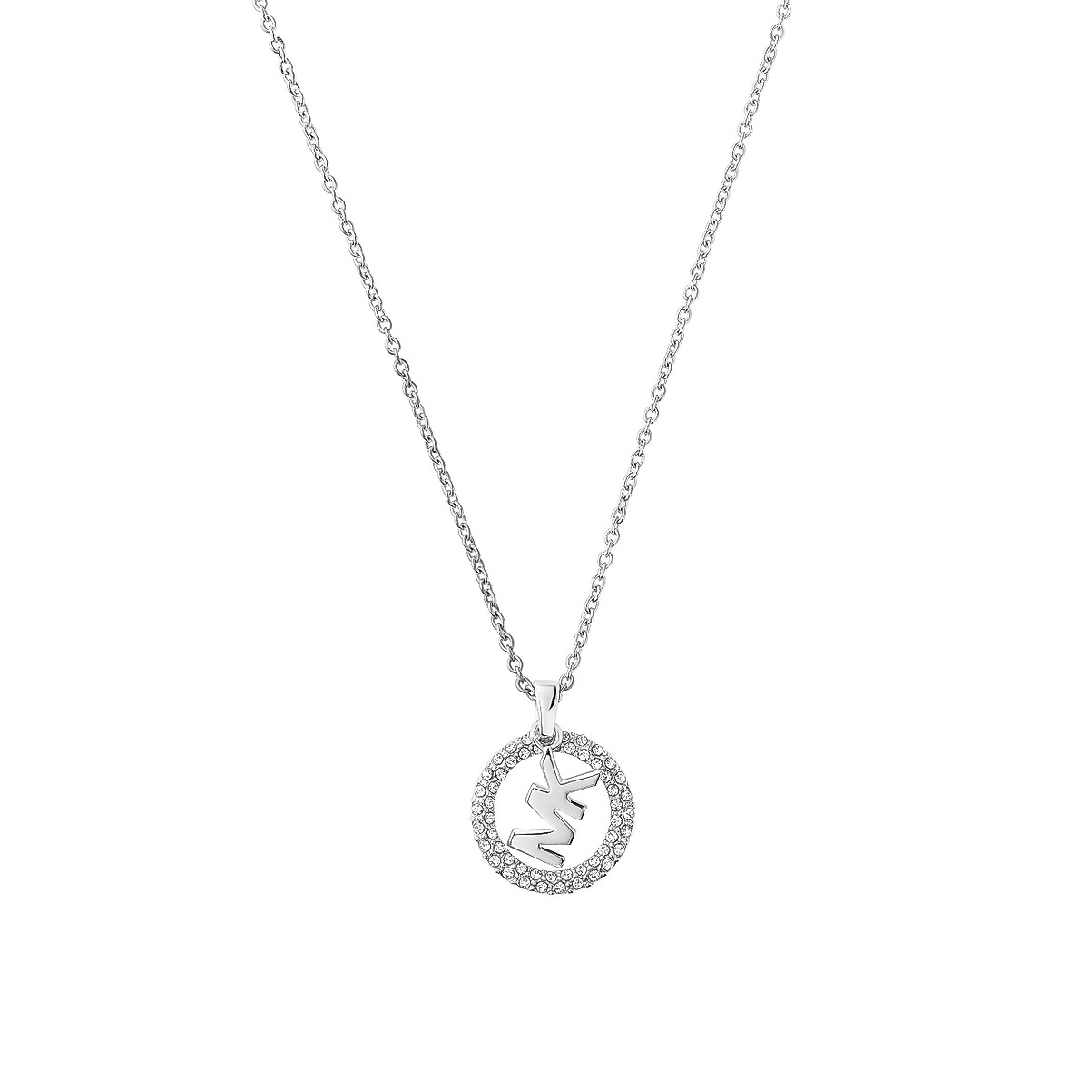Michael Kors Brass and Pavé Crystal MK Logo Pendant Necklace for Women, Color: Silver (Model: MKJ7326040)