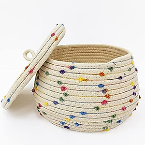 Esme L&H Small Rope Basket with Lid - 10''x6.5'' Small Round Woven Storage Basket - Colorful Rainbow Pompom - Small Basket, Storage Bin,Organizer, Container for Snacks,Towels,Yarns,Toys and Gifts