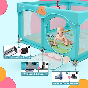 Addweet Baby Playpen for Babies and Toddlers, Cartoon Large Play Yard for Baby with Mat, Safety Playpen for Baby, Baby Play Area Indoor & Outdoor, Octopus, 50”×50” (Blue)