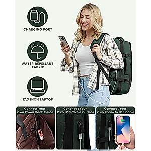 LOVEVOOK Travel Backpack, Extra Large 30-40L Expandable Carry on Backpack Airline Approved, Anti-Theft Waterproof Backpack for Travel, 17 Inch Laptop Backpack with USB Port for Men & Women, Dark Green