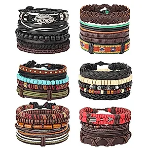 MILACOLATO 26Pcs Woven Braided Leather Bracelet for Men Women Hemp Cords Wood Beads Cuff Bracelets Adjustable Black