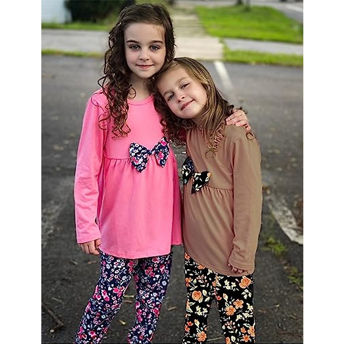 Yekaty Little Girls Clothing Set Kids Soft Crewneck Long Sleeve Outfits With Bowknot Khaki Tops+Floral Loose Pants Sets