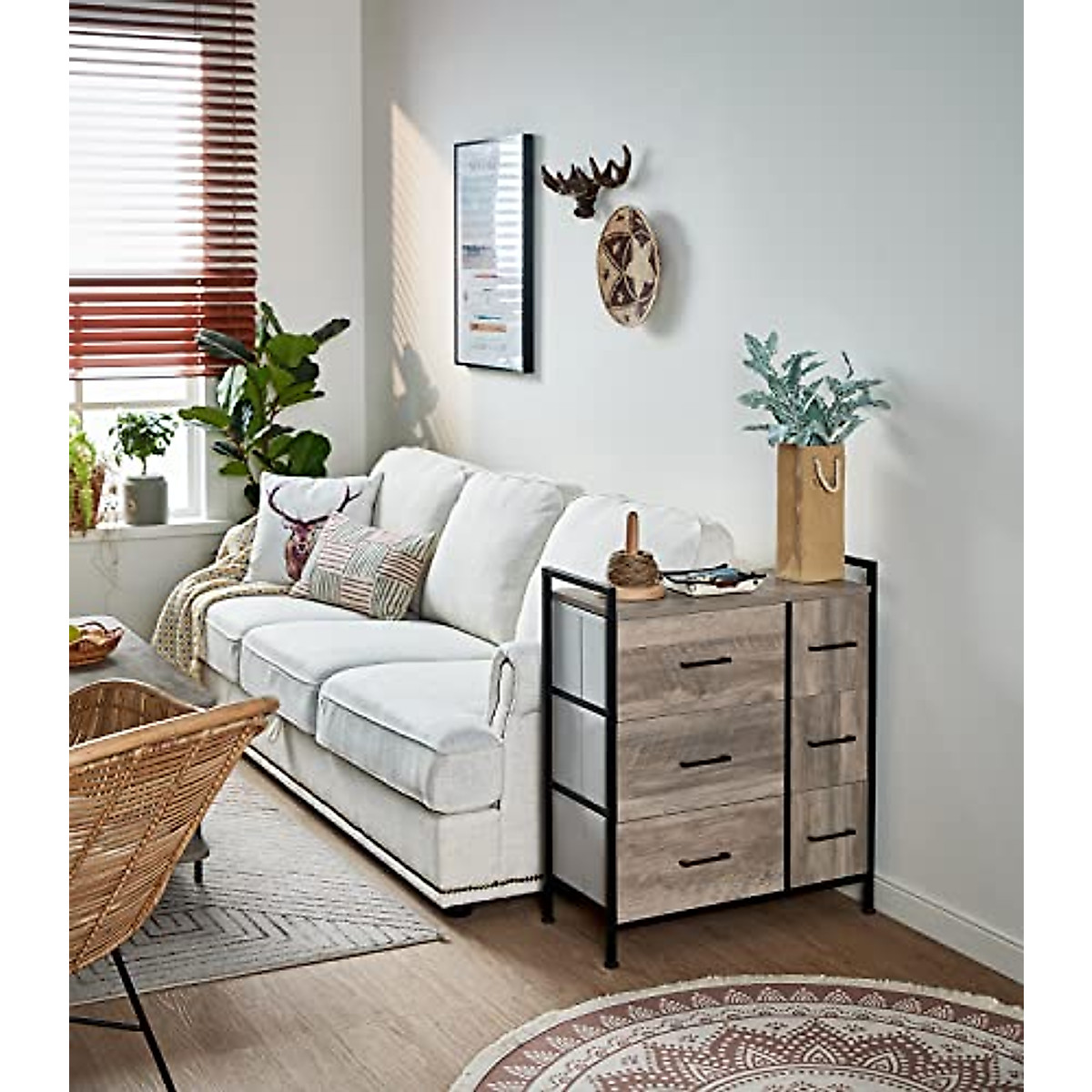 LINSY HOME Dresser for Bedroom, Chest of Drawers with Wood Top, 6 Drawer Nightstand with Fabric Drawers, Rustic Storage Dresser for Closet, Living Room, Hallway, Nursery, Kids, Greige