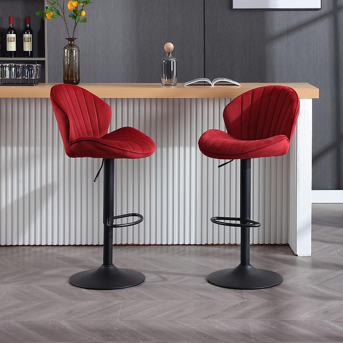 SZLIZCCC Shell Barstools Set of 2, Black Chassis Adjustable Swivel Bar Stool, Velvet Mid Back Bar Chair,Kitchen Counter Stool (Red)