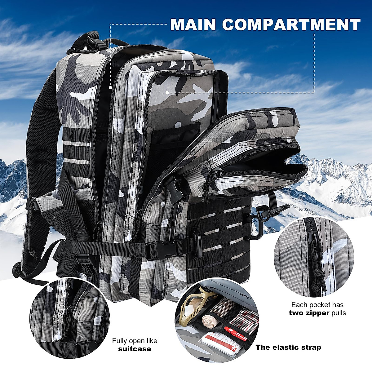 Hannibal Tactical 45L MOLLE Assault Pack, Tactical Backpack Military Army Camping Rucksack with Bottle Holder, 3-Day Pack Trip w/USA Flag Patch, D-Rings, Urban