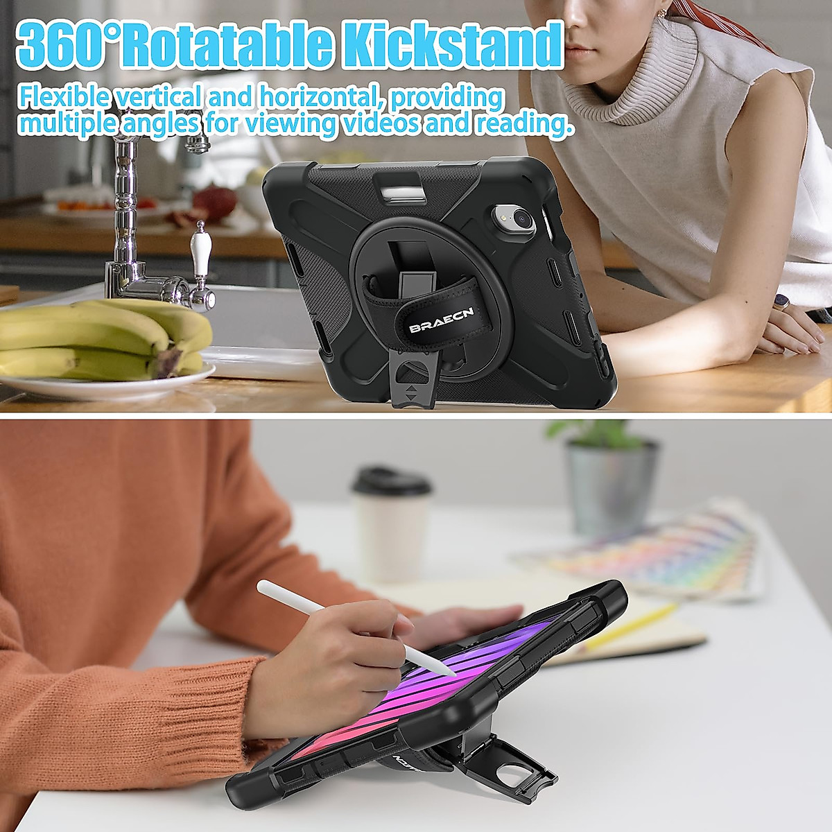 BRAECNstock for Apple iPad Mini 7 A17 Pro Case iPad Mini 7th/6th Generation Case 2024/2021 8.3" with Screen Protector Pen Holder Rotating Hand Strap Stand Shockproof iPad Mini 7/6 Case Kids - Black