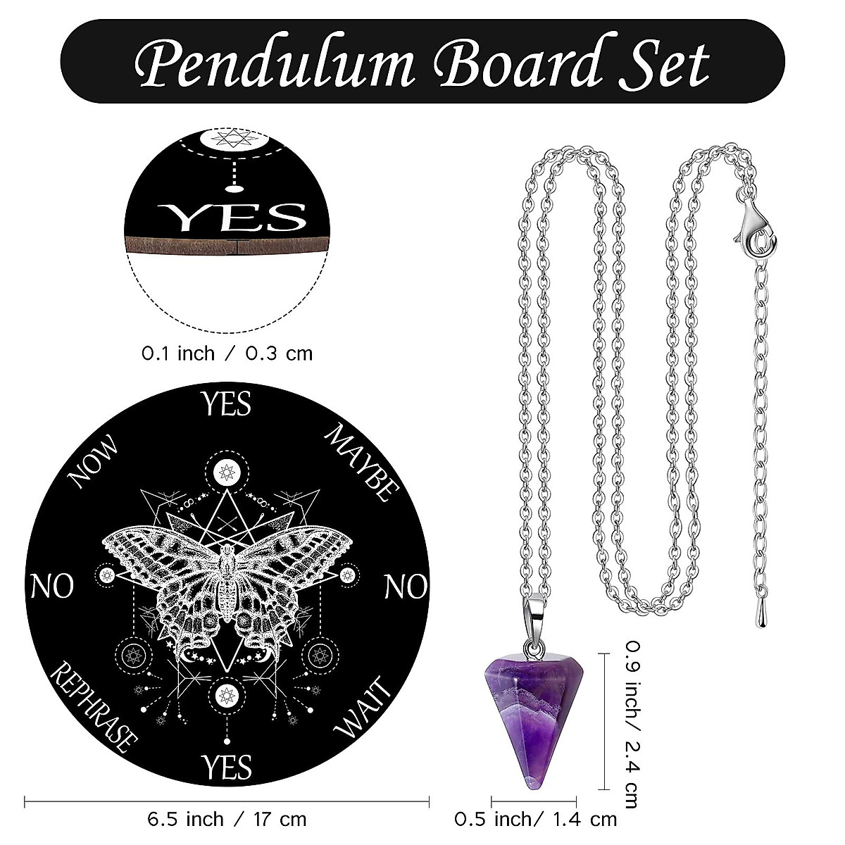 Blulu Butterfly Pendulum Board Dowsing Necklace Divination Altar Witchcraft Wooden Kit Chart Wiccan Wand Crystal Divinity Metaphysical Message Quartz Chakra Healing Stone(Black)