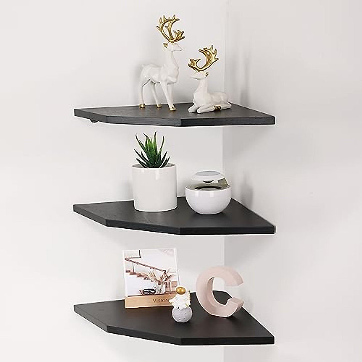 DUICIRX Corner Wall Shelves, Wood Corner Floating Shelves with Cable raceway, Wall Mount Storage Display for TV Accessories, Monitor, Speaker, Cable Box, Game Console (Black, Diamond- 12 Inch)