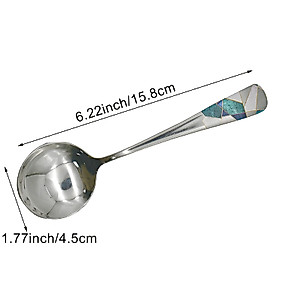 Pinenjoy 6pcs Round Head Soup Spoons with Fashion Printing Pattern 6.22inch Tablespoon 18/10(304) Stainless Steel Korean Spoons for Rice Dessert Tea Coffee Bouillon