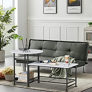 Huhote Nesting Coffee Table Set of 2 Storage End Table Modern White Faux Marble Round and Rectangular Table,2 Tiers Large Table with Metal Frame for Living Room Balcony Cabin Bed Room Dining Room.