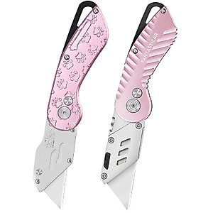 FantastiCAR Pink Folding Box Cutter, Unique Utility Knife Metal Body and Advanced Gift Package, with Extra Blades