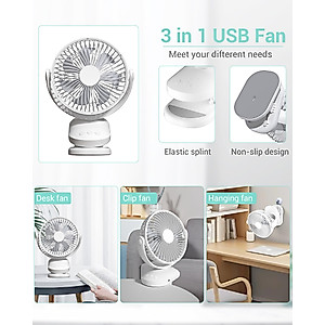 Portable Clip on Fan, Oscillating ＆ 120° Rotate Battery Operated Stroller Fan, 4 Speed Quiet Mini Personal Desk Fan, USB Rechargeable Fan for Outdoor Camping Golf Cart Stroller Home Office White