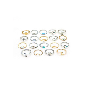 FUTIMELY 19PCS Boho Turquoise Knuckle Stacking Rings for Women Vintage Stackable Star Moon Wave Peak Sea Rhinestone Joint Midi Finger Rings Set