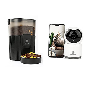 PAPIFEED Automatic Cat Feeder(2.4Ghz WiFi APP Control 360° Visualized Transparent Food Tank ) & Pet Camera Indoor Security Cam(2.4/5Ghz WiFi Phone App Two-Way Audio Night Vision Motion Detection)