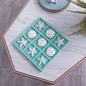 NIKKY HOME Beach Tic Tac Toe for Fun Starfish Sand Dollar Coastal House Coffee Table Decor Wood Board Travel Game, 8.98 x 8.98 x 1.18 inch, Teal