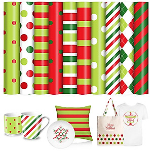 AnyDesign 10 Sheet Christmas Heat Vinyl Transfer 12"x 10" Green Red Stripes Dots Pattern HTV Iron on Vinyl Adhesive Craft Vinyl for DIY Fabric T-Shirt Hat Bag Craft Supplies