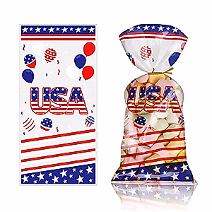 Yaroelrd 100 Pieces Patriotic Cello Bag Independence Day Cellophane Gift Bag with Gold Twist Tie for Independence Day Sports Event Party Decorations 4 Styles