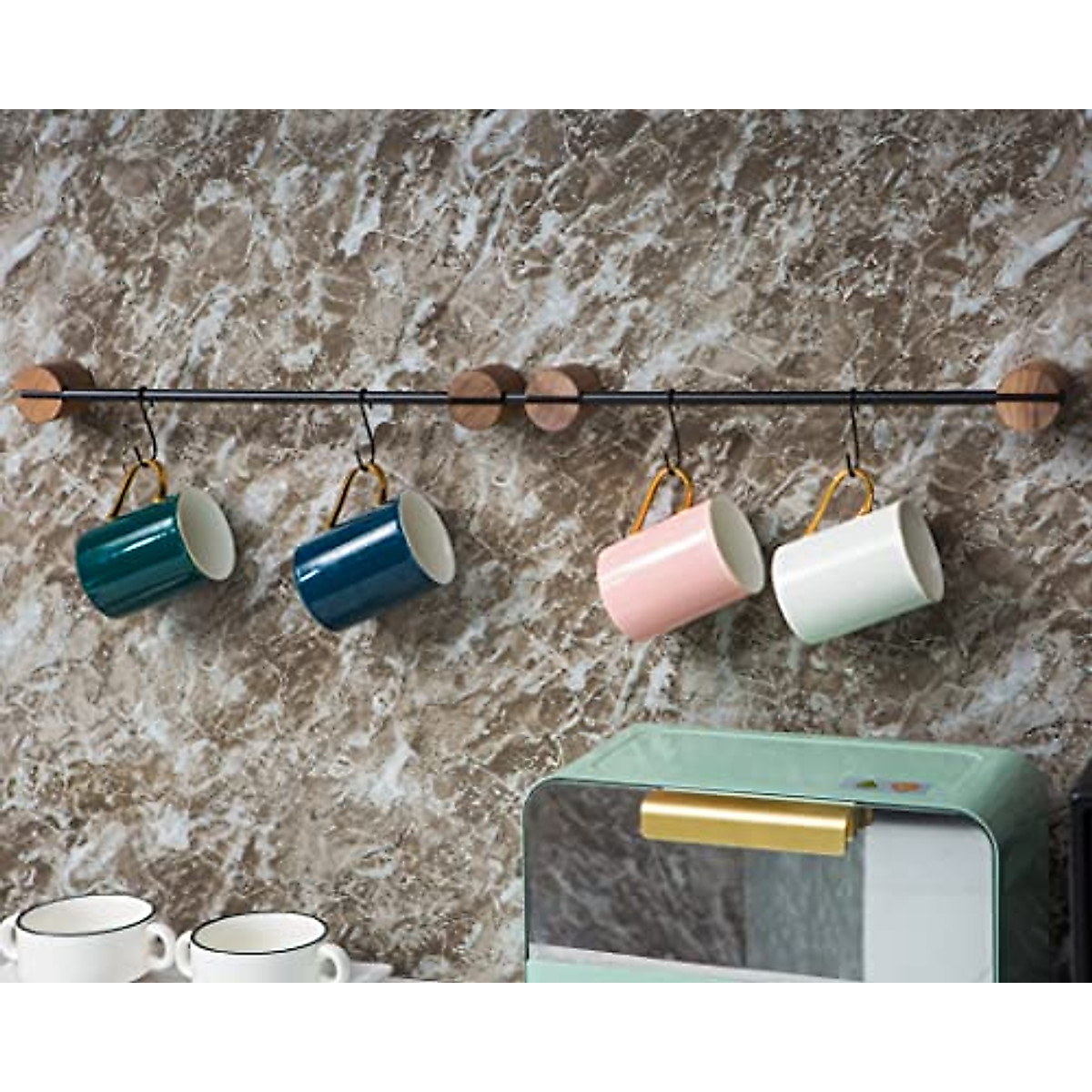 QsQueen Mug Holder Wall Mounted Coffee Cup Rack Hanger，Modern Metal and Solid Walnut with 8 Mug Hooks Rustic Utensil Tea Cups Storage Organizer for Kitchen Accessories Coffee Bar, Set of 2