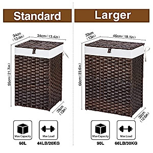 GREENSTELL Laundry Hamper with Lid, 90L Clothes Hamper with 2 Removable Liner Bags & 2 Mesh Laundry Bags, Handwoven Synthetic Rattan Laundry Basket for Clothes, Toys in Bathroom, Bedroom Brown