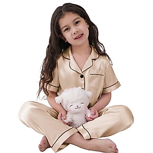SWOMOG Kid's Silk Pajamas 3 Piece Girls Boys Satin Pajamas Set Button-Down PJs Sets Soft Lounge Sets Short Sleeve Sleepwear Champagne