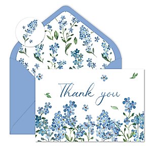 Whaline 24 Pack Watercolor Floral Thank You Cards Bulk Forget-Me-Not Myosotis Sylvatica Flower Greeting Cards with Envelope Sticker Blank Note Cards for Wedding Baby Shower Bridal Birthday Party