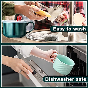 2 Pieces Ceramic Soup Bowls with Handles 30 oz Microwave Safe Bowl with Lid Microwavable Soup Mug with Lid Large Soup Cups for Ramen Noodle Cereal (Blue, Dark Green)