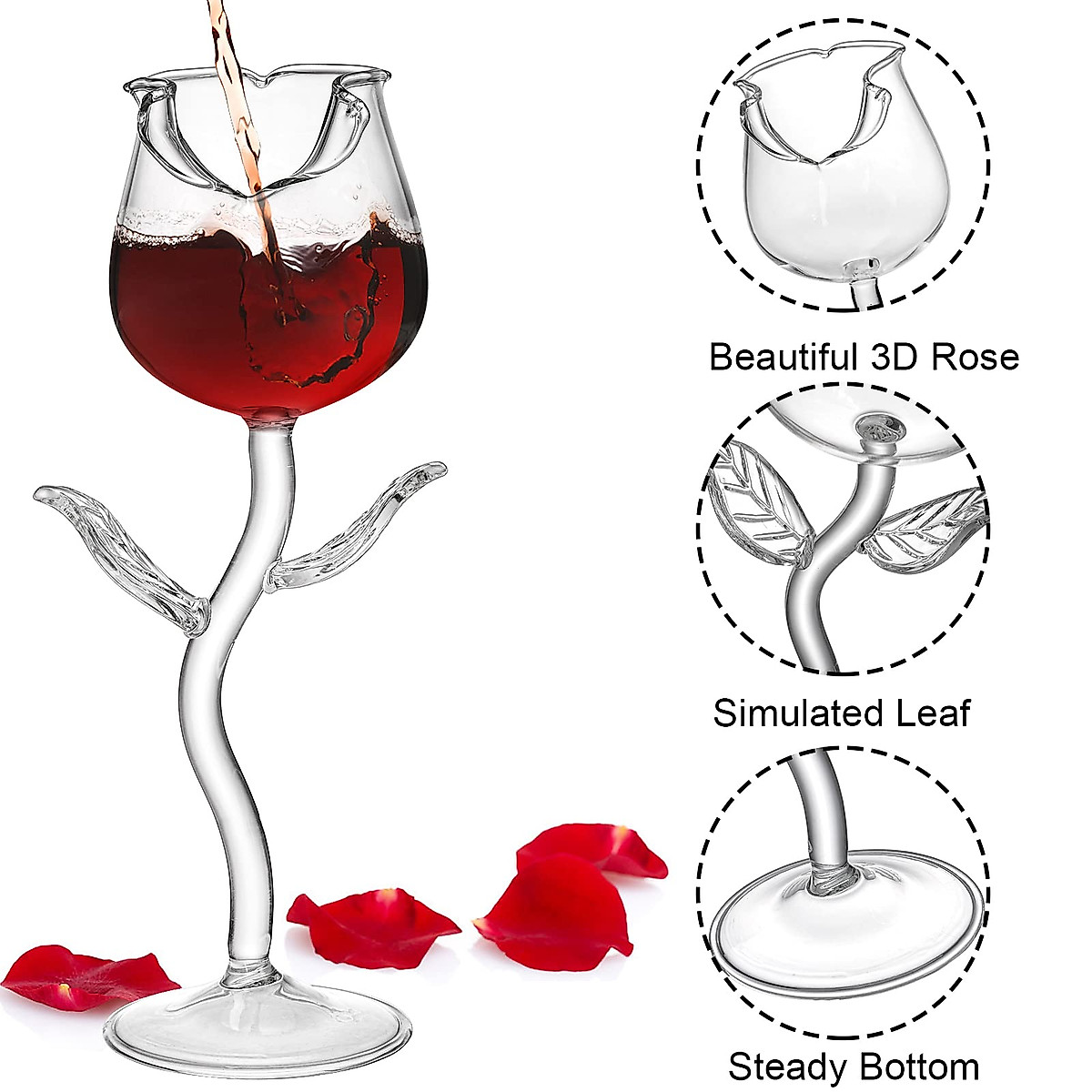 Mezchi Set of 4 Rose Cocktail Glass, Flower Red Wine Glass, Crystal Clear Rose Goblet Glasses, Stem Champagne Flutes Drinkware for Mother's Day Gift, Wedding, Party, Dinner, Birthday