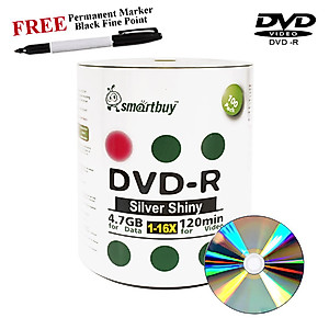 Smartbuy 100-disc 4.7GB/120min 16x DVD-R Shiny Silver Blank Media Record Disc + Black Permanent Marker