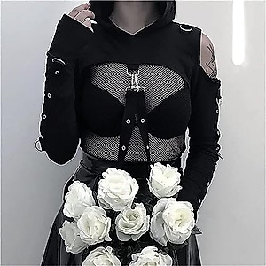Goth Crop Top Hoodies For Women Hoodie Aesthetic Punk Black Sweatshirt Rave Outfit Emo Teen Girls Long Sleeve Workout