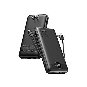 Portable Power Bank 20000mAh,VRURC 22.5W USB Port Fast Charging Portable Charger,Built-in AC Wall Plug, Micro&USB C Cables,4 Output Dual Input LED Display Integrated External Battery For Smart Devices
