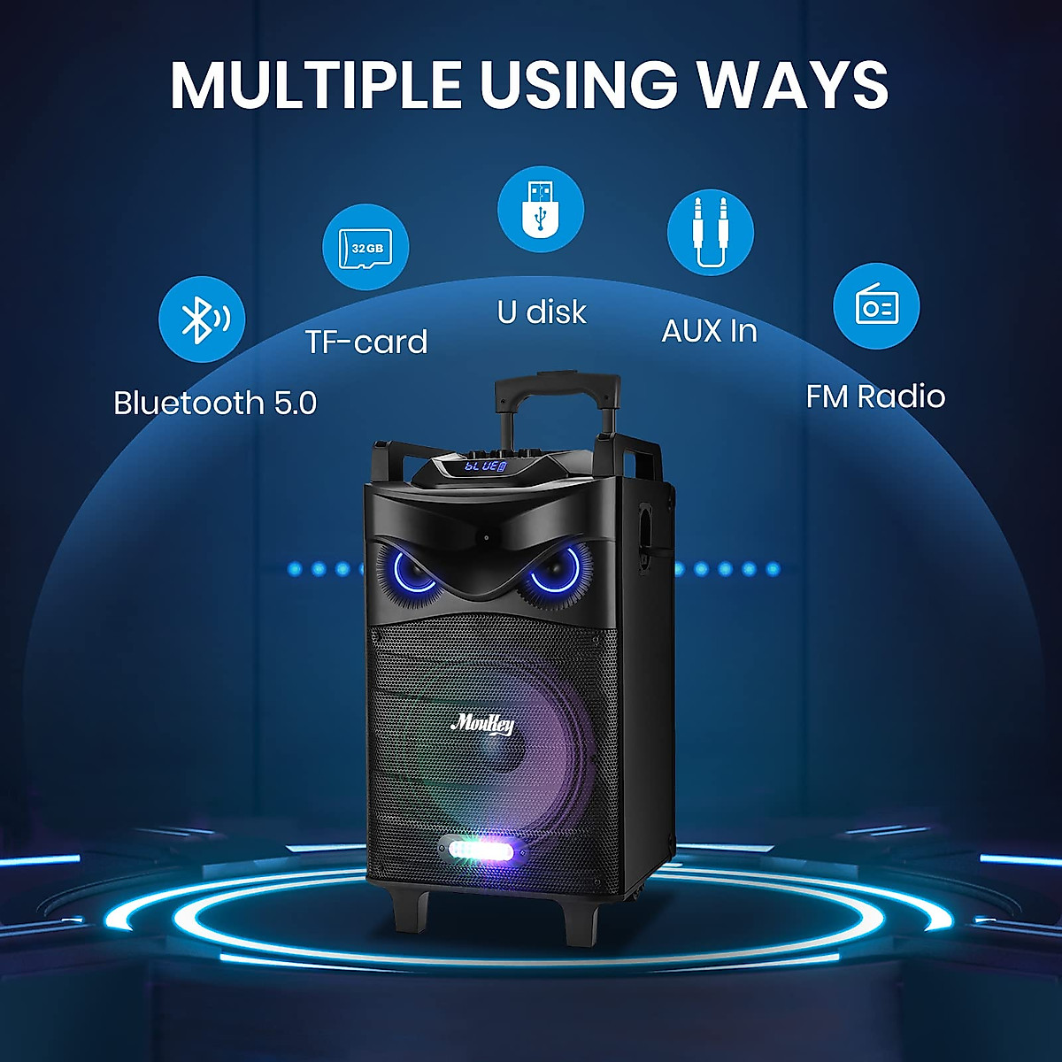 Moukey Karaoke Machine, PA System Woofer, Portable Bluetooth Speaker w/ 2 Wireless Microphones, Lyrics Display Holder, Party Lights & Echo/Treble/Bass Adjustment, Support TWS/REC/AUX/MP3/USB/TF/FM