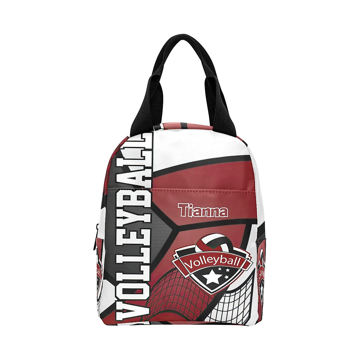 Volleyball Red White Black Reusable Insulated Neoprene Lunch Tote Bag Cooler with 2 Pockets Custom Personalized Portable Lunchbox Handbag with Name for Gift