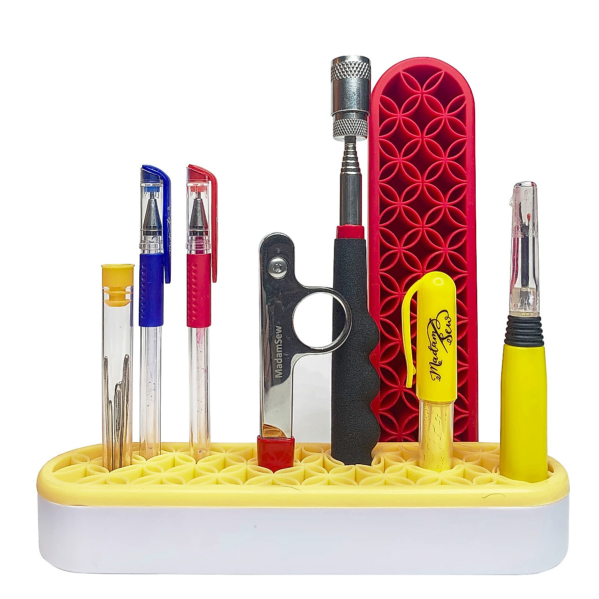 Madam Sew Upright Sewing Tools Caddy Desktop Organizer for Craft and Quilting Supplies Holds Scissors, Seam Rippers and Markers – Tabletop Sewing Accessories Storage Organizer (Yellow)