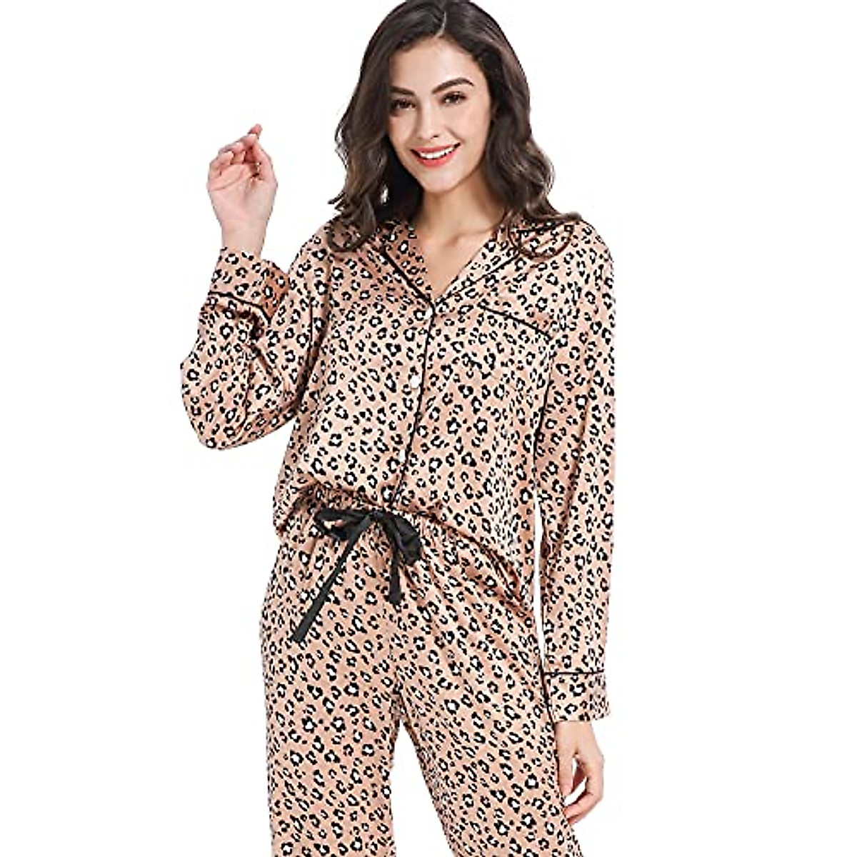 Serenedelicacy Women's Satin Pajama Set 2-Piece Sleepwear Loungewear Long Sleeve Button Down Silky PJ Set (Medium, Tan/Black/Ivory, Leopard)