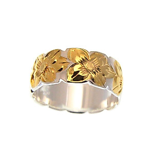 Arthur's Jewelry 925 sterling silver Hawaiian plumeria flower all around 2 tone yellow gold plated 8mm band ring size 14
