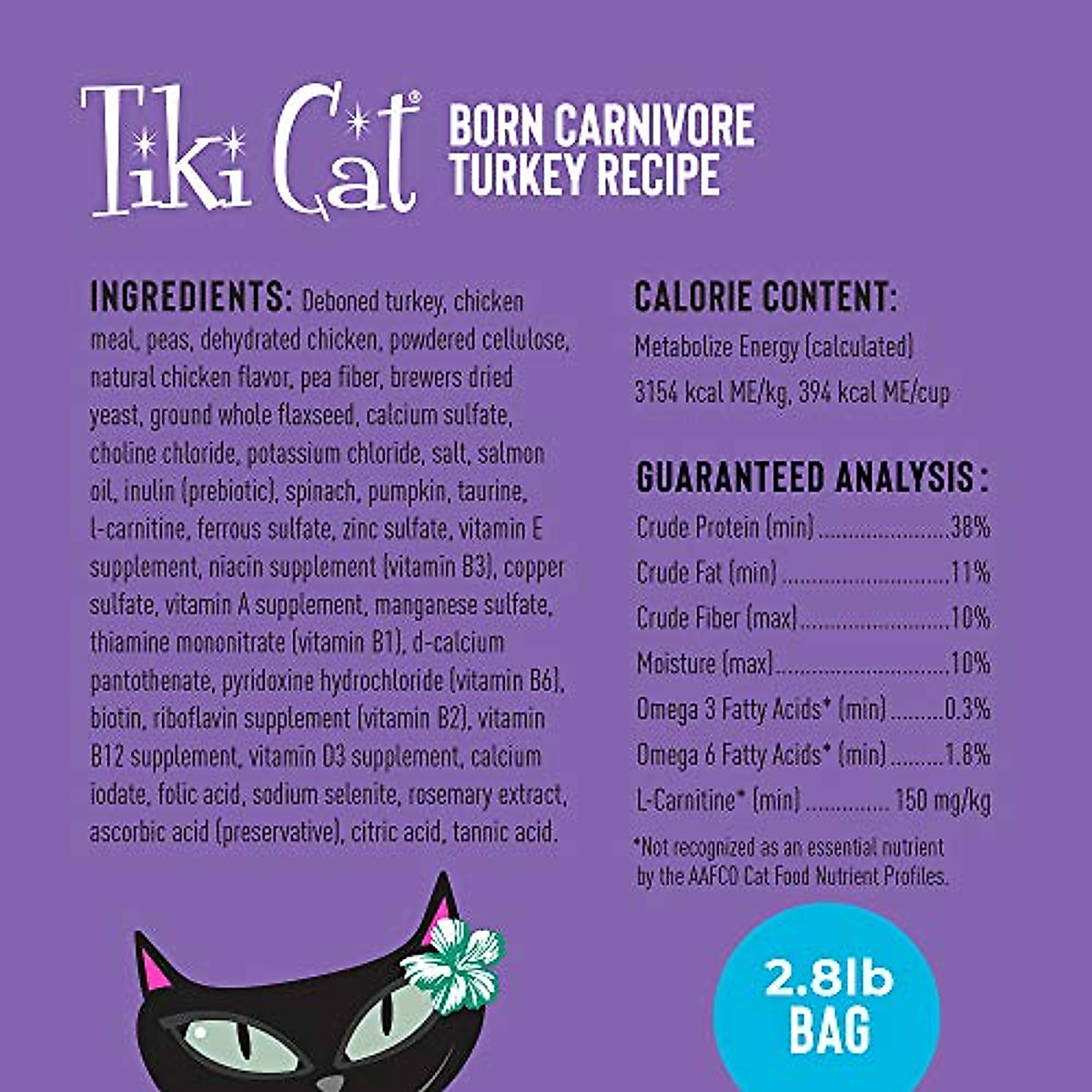 Tiki Cat Born Carnivore Optimal Weight, Turkey, Grain-Free Baked Kibble to Maximize Nutrients, Dry Cat Food, 2.8 lbs. Bag