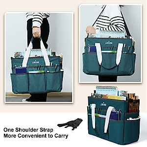 Jjring Craft Organizer Tote Bag, Large Art Storage Caddy with Multiple Pockets, Bluish Green Sewing Bag for Art, Craft, Scrapbooking, School, Medical, and Office Supplies Storage