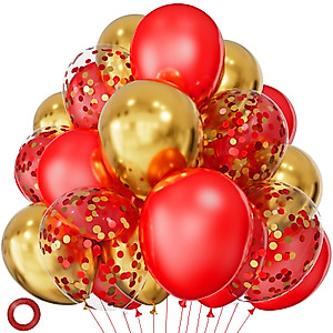 Red Gold Balloons 50 Pack, 12 inch Royal Red Latex Balloon, Metallic Gold balloons, Red Gold Mix Confetti balloon with 1 Ribbon for Christmas Valentines Day Party Decorations