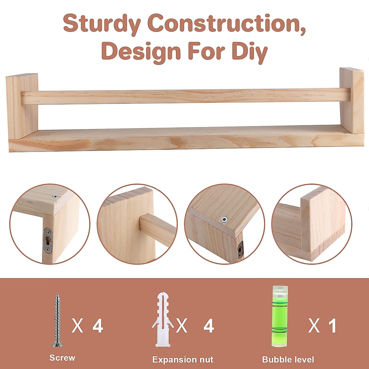 Dixryaus Wooden Floating Bookshelf, Wall Shelving, 2 PCS (Pine), Suitable for Children's Bedroom Bookshelf, Kitchen Spice Rack, Bathroom Decorative Wall Shelving.