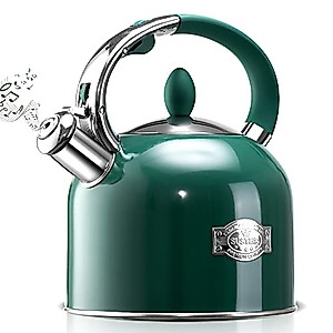 Tea Kettle - SUSTEAS 3.17QT Whistling Kettle with Ergonomic Handle - Premium Stainless Steel Tea Pots for Stove Top, Chic Vintage Teapot with Composite Base, Work for All Stovetops (Green)