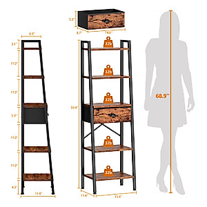 Furologee 5 Tier Ladder Shelf with Drawer, Tall Bookshelf Storage Shelves, Bookcase Standing Shelf Units, Industrial Open Display Shelves Organizer for Bedroom, Living Room, Kitchen, Rustic Brown