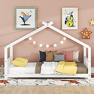 Full House Beds White Montessori Bed Wood Frame Kids Platform Bed with Headboard & Footboard for Children Boys Girls Teens