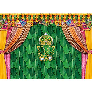 INRUI Indian Pooja Photography Background Green Banana Leaf Curtain Decorations Indian Bridal Shower Wedding Party Photo Backdrop (7x5FT)